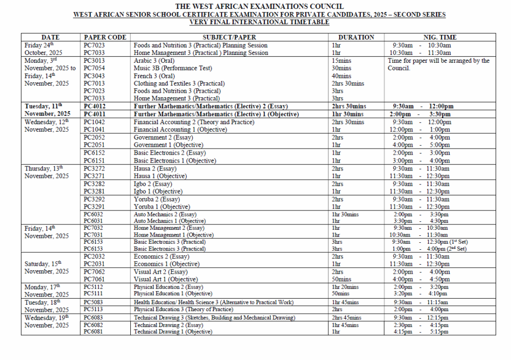 WAEC GCE Second Series 2025 Exam Timetable (Nov/Dec WASSCE for Private ...